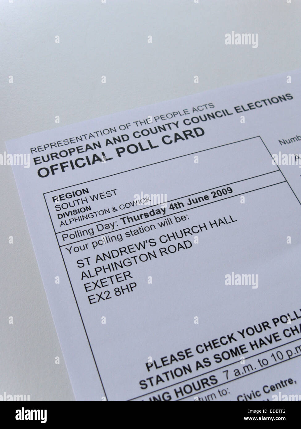 UK Polling Card for European and County Council Elections 2009 Stock ...