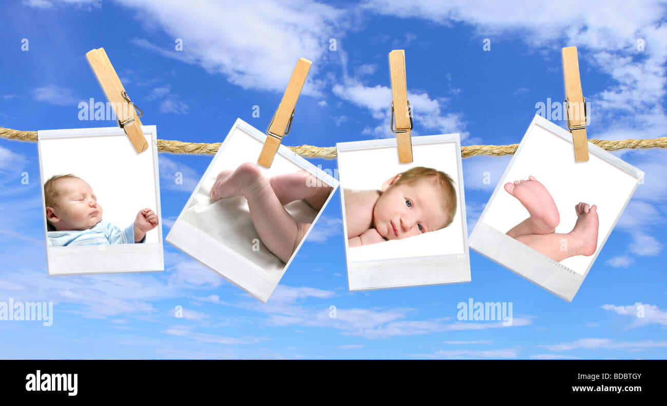 Multiple Baby Photos Hanging Against a Blue Cloudy Sky Stock Photo - Alamy