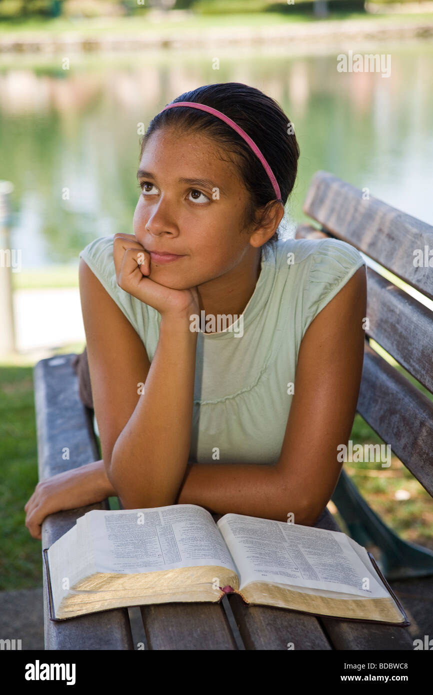 Junior high Hispanic/Caucasian girl reflecting on God's Word. MRMyrleen ...