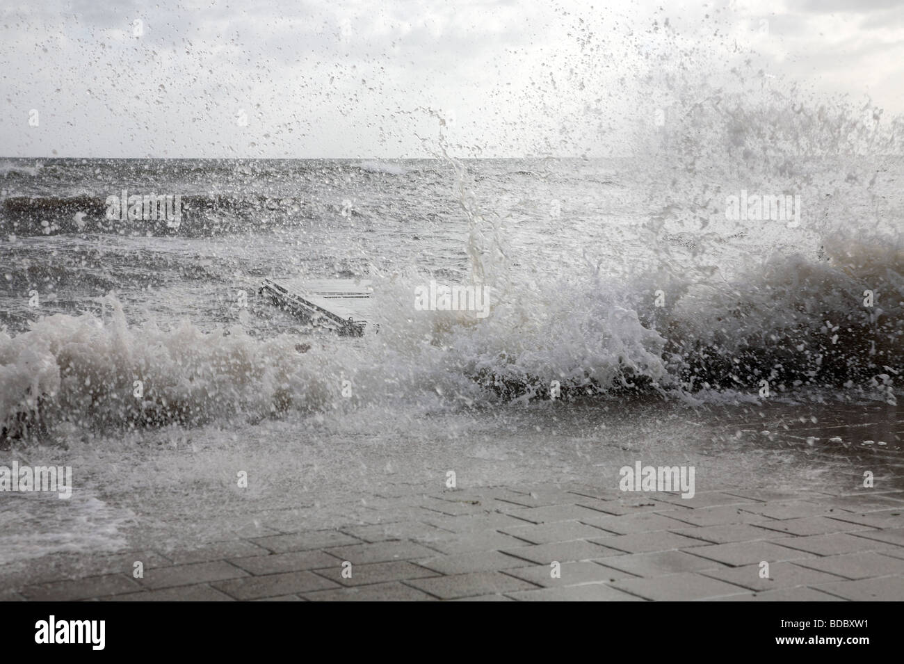 Storm and flooding late summer in the Sound at Rungsted Kyst, Denmark ...