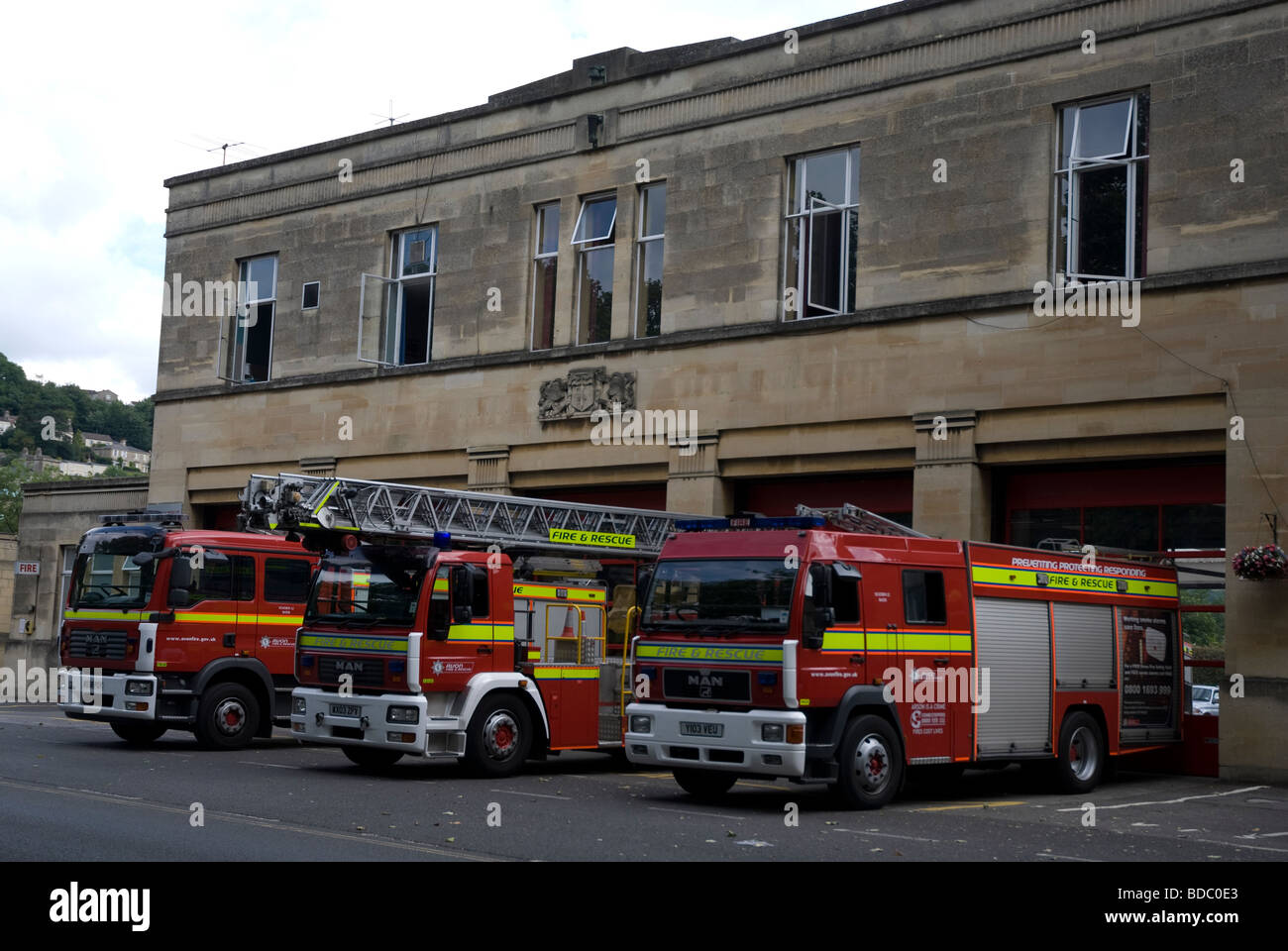 Fire engines lined up outside the fire station Bath Spa Somerset UK ...
