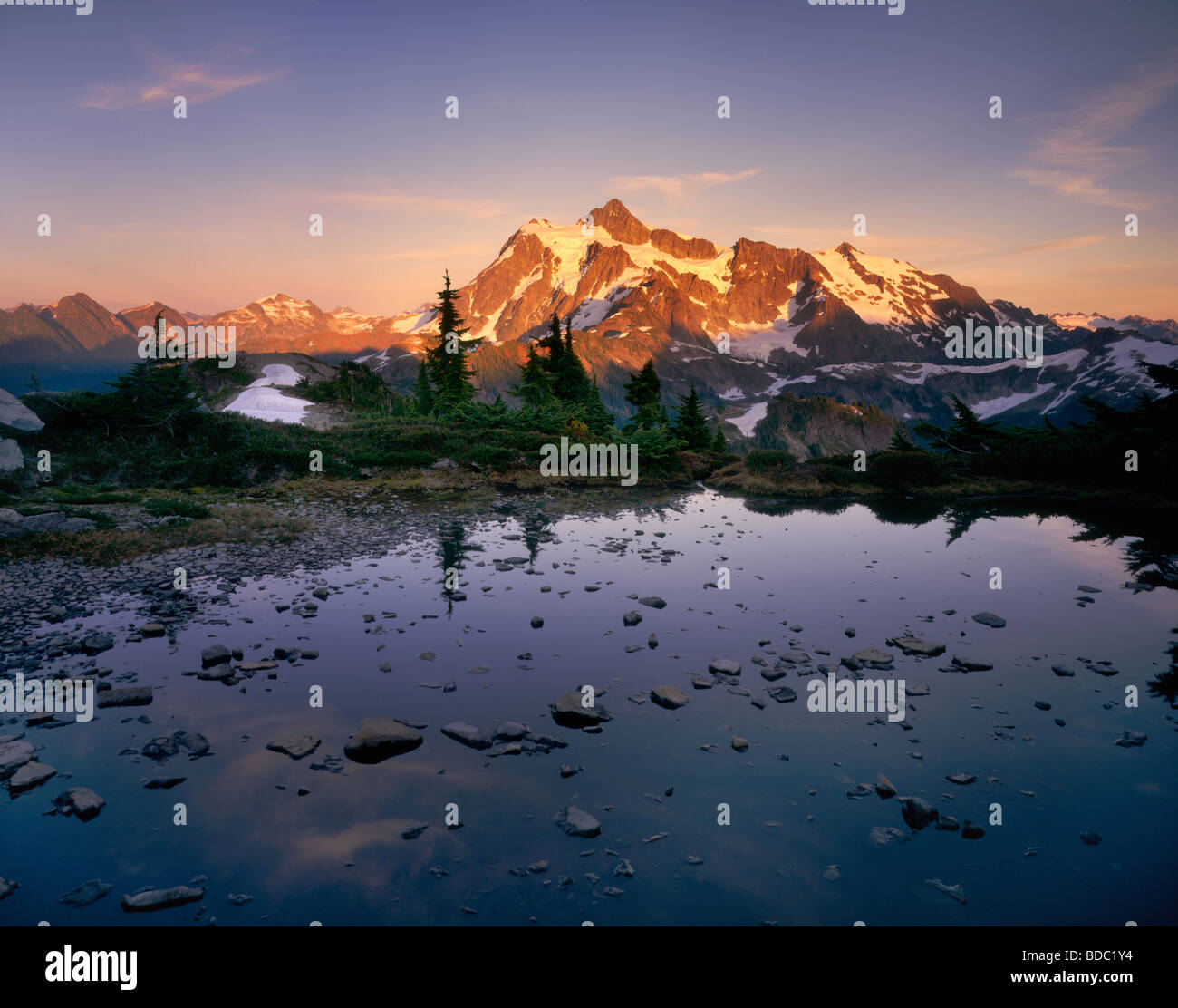 Mount Shuksan (9131 feet, 2783 meters) reflected in tarn of Table ...