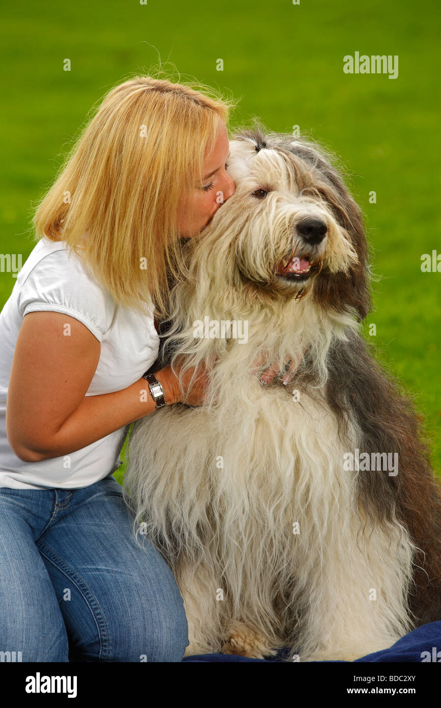 Woman with Bobtail Old English Sheepdog Stock Photo - Alamy