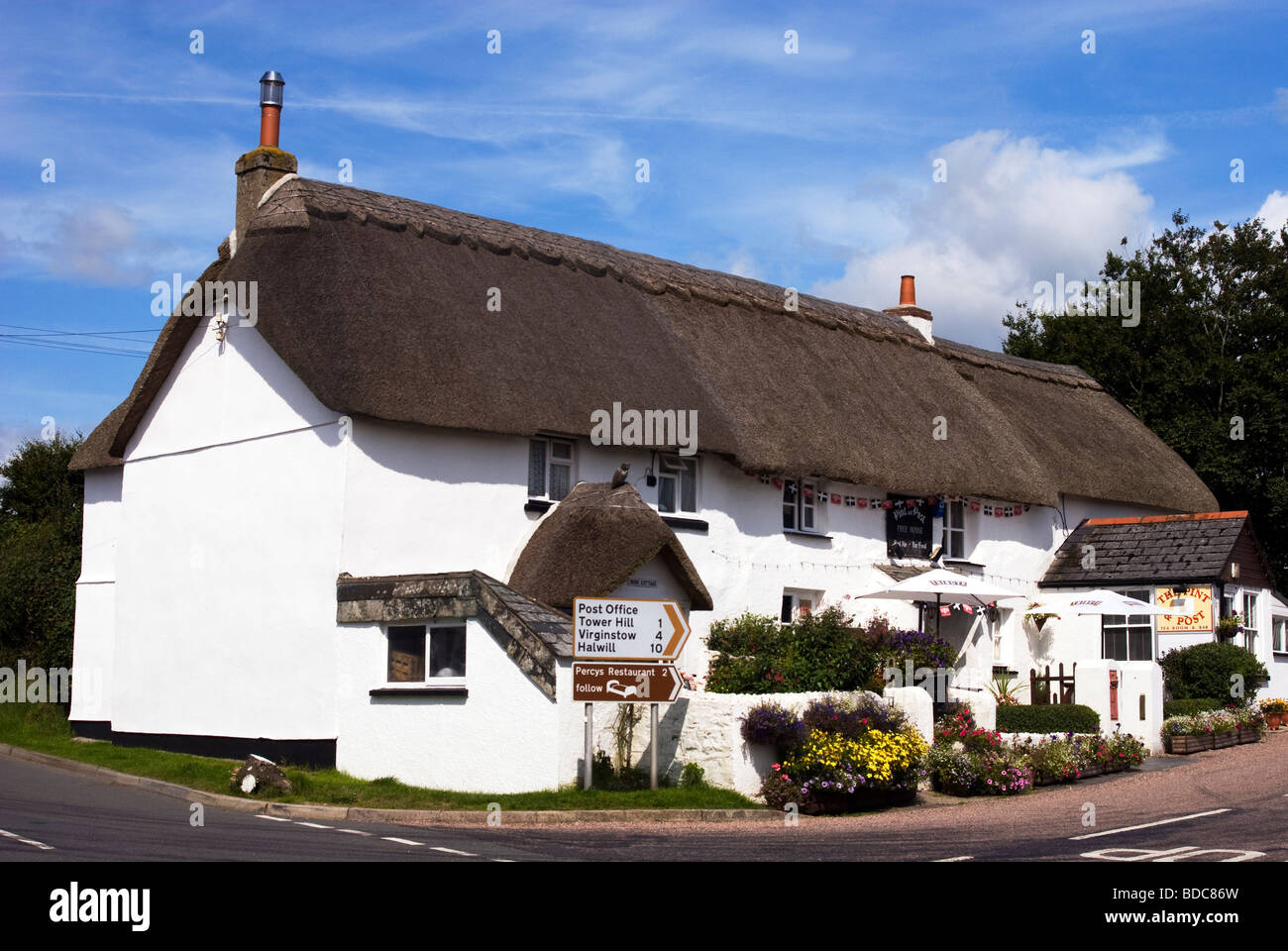 Thatched cottages at St Giles on the Heath in West Devon under blue ...