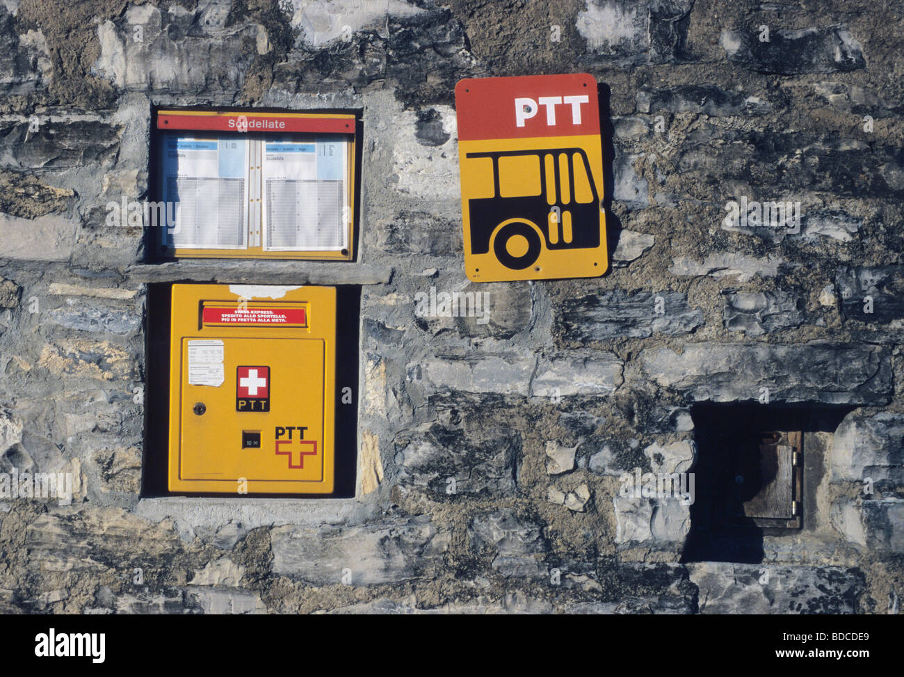 Swiss bus stop sign and mail box in Scudellate Canton Ticino ...