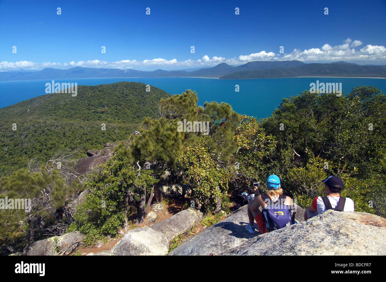 Hikers enjoy the view from Boulder Lookout on the summit of Fitzroy ...