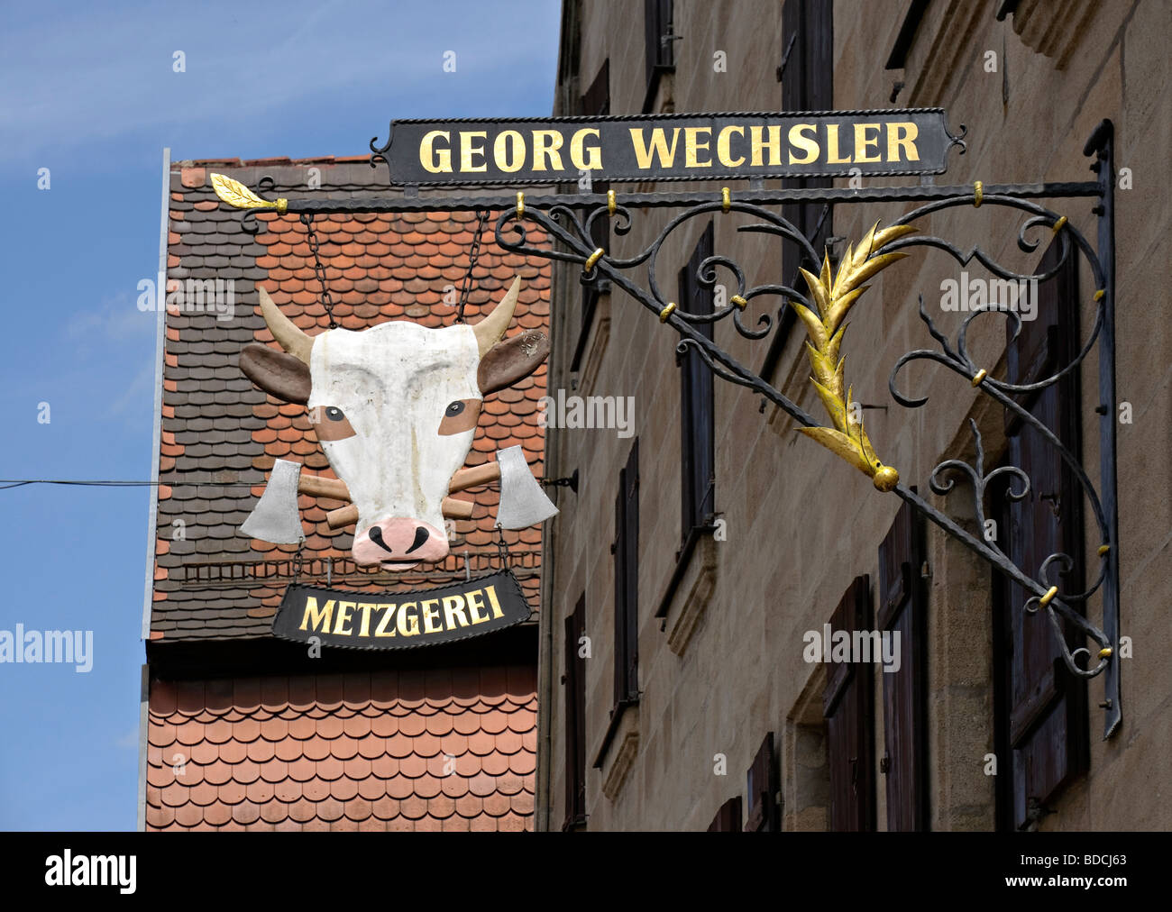 Sign above a butcher's shop in Spalt, Franconia, Germany Stock Photo ...