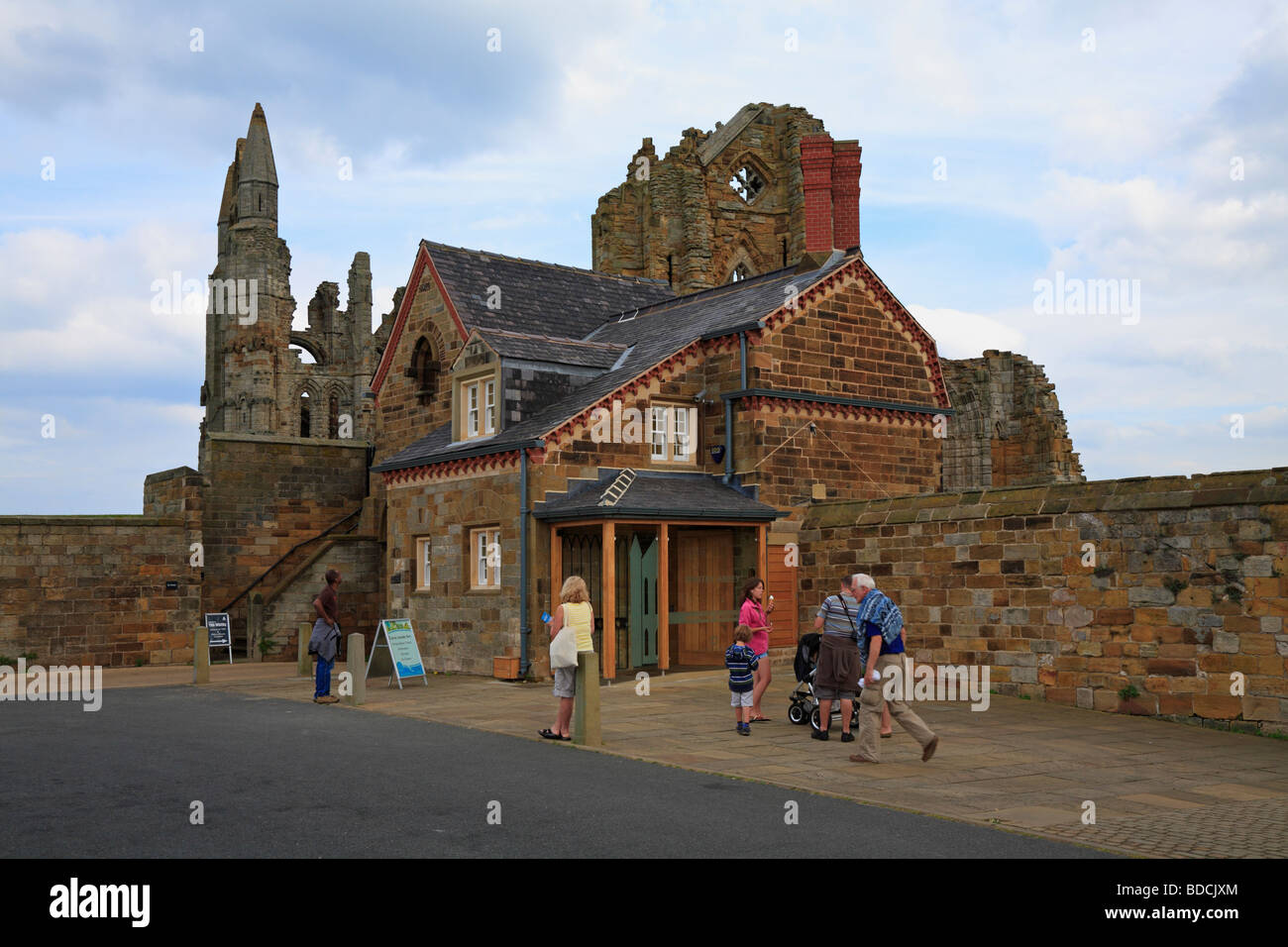 Visitors at Whitby Abbey Information and Ticket Office, Whitby, North ...