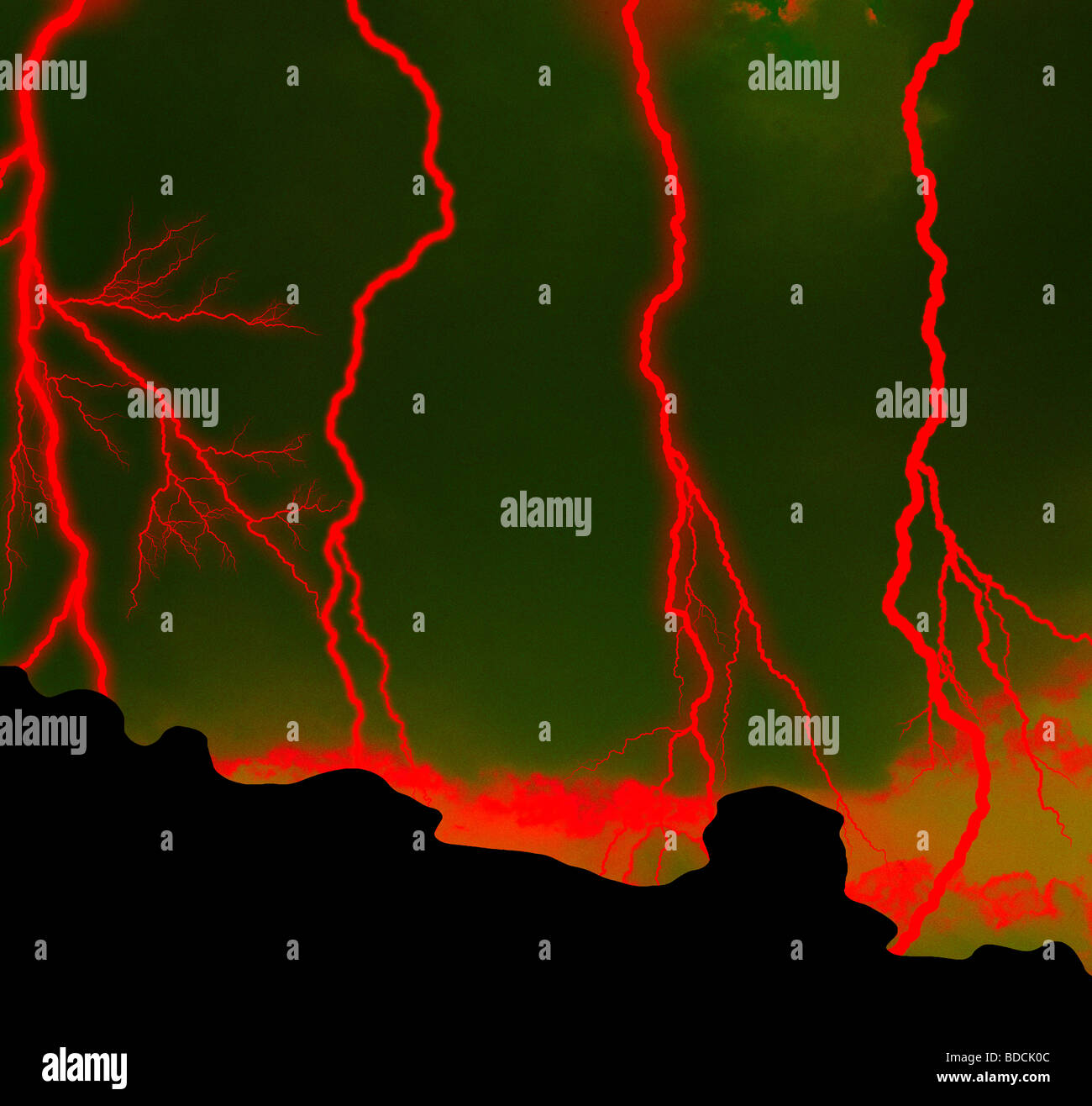 multiple lightning strikes over rocky mountains digitally enhanced ...