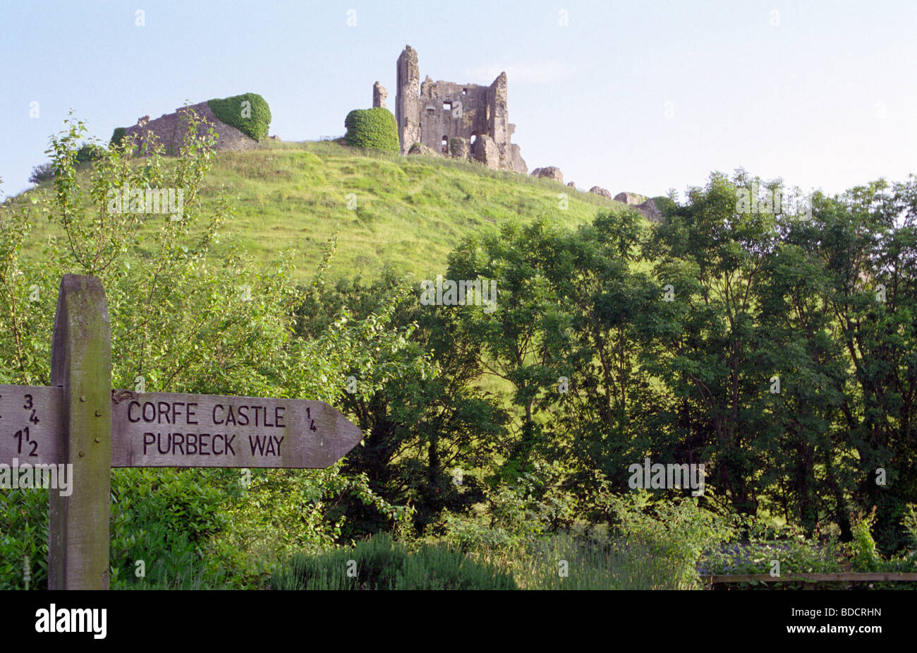 Corfe Castle and signpost Stock Photo - Alamy