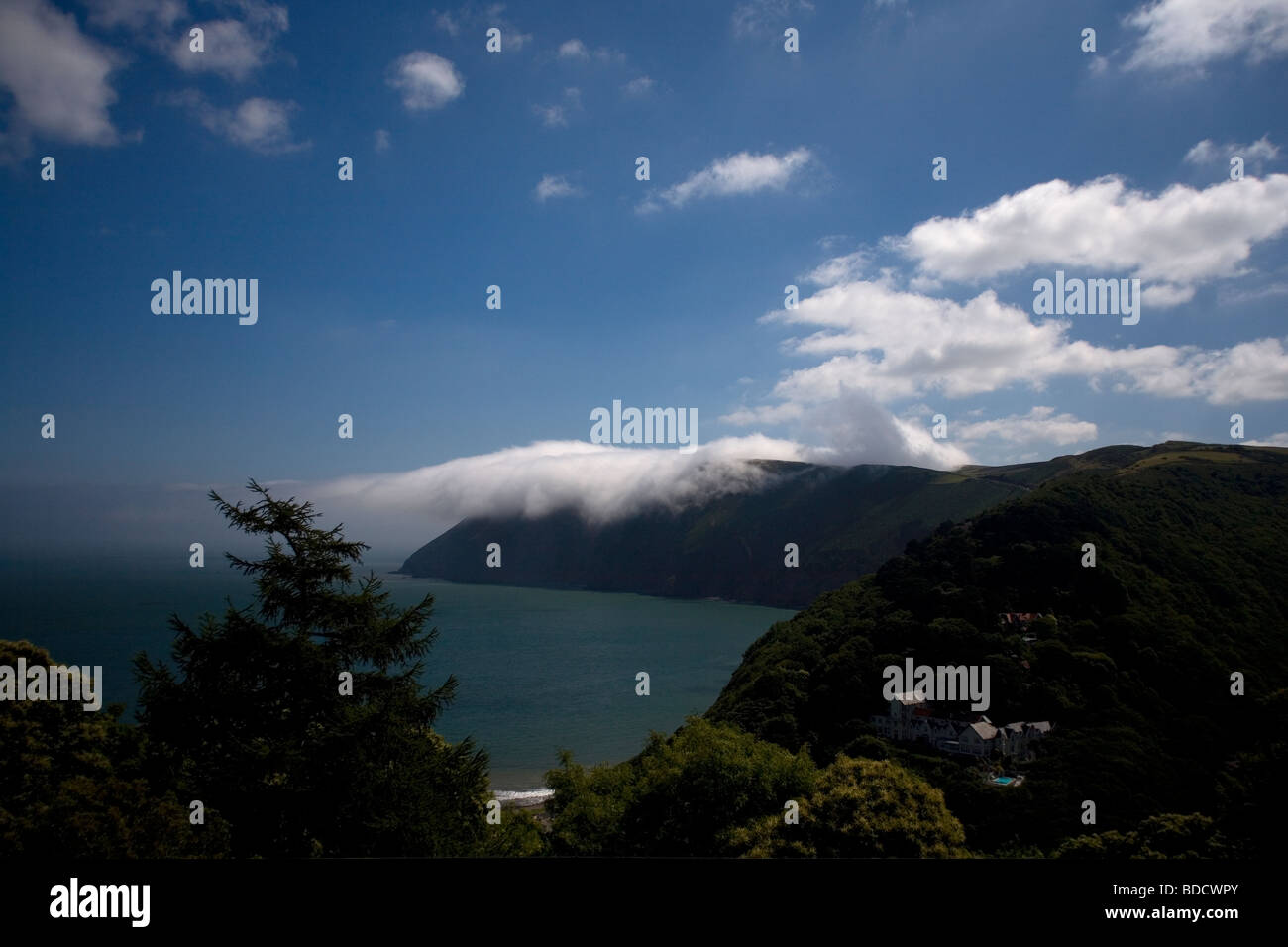 Lynmouth, North Devon from the cliff heights, where inversion fog is ...