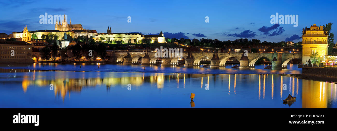 Skyline of Prague Praha at night overlooking the River Vltava toward ...