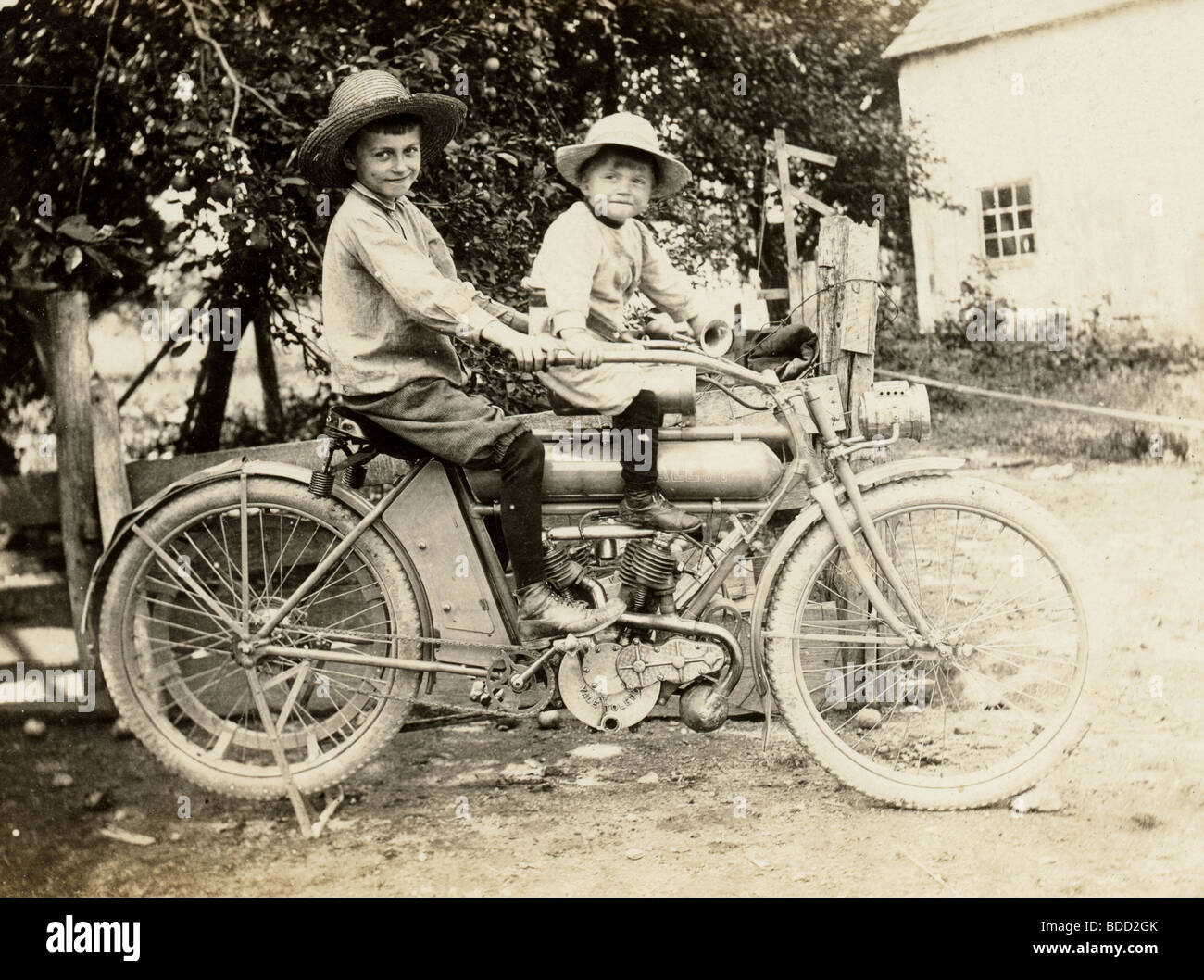 Two Boys on Yale Brand Motorcycle Stock Photo - Alamy