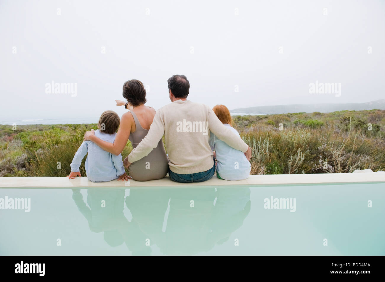 Family sitting at the poolside Stock Photo - Alamy