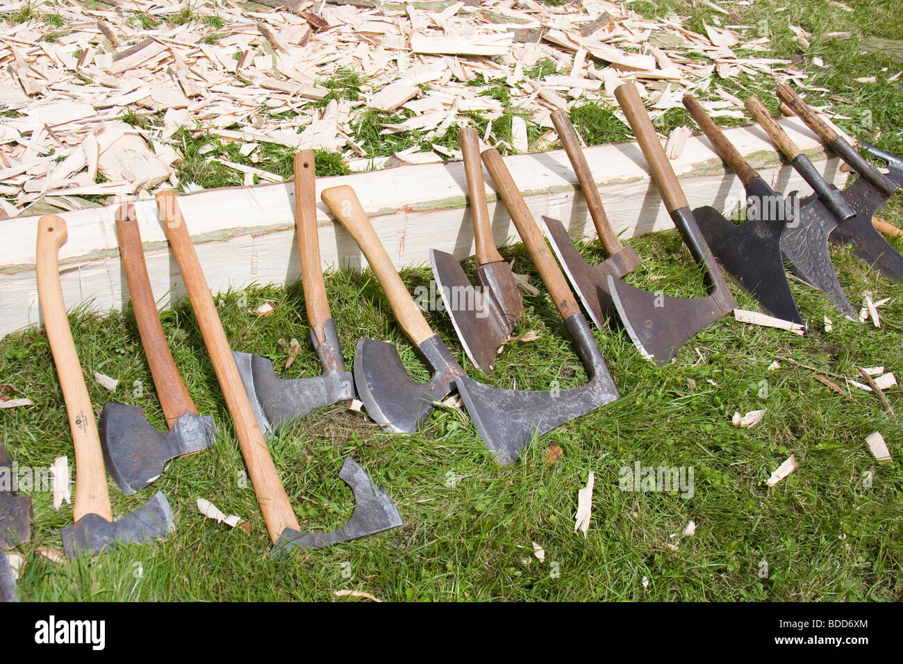 A Selection of Wood Shaping Axes or Adze Resting on Wooden Beam Stock ...
