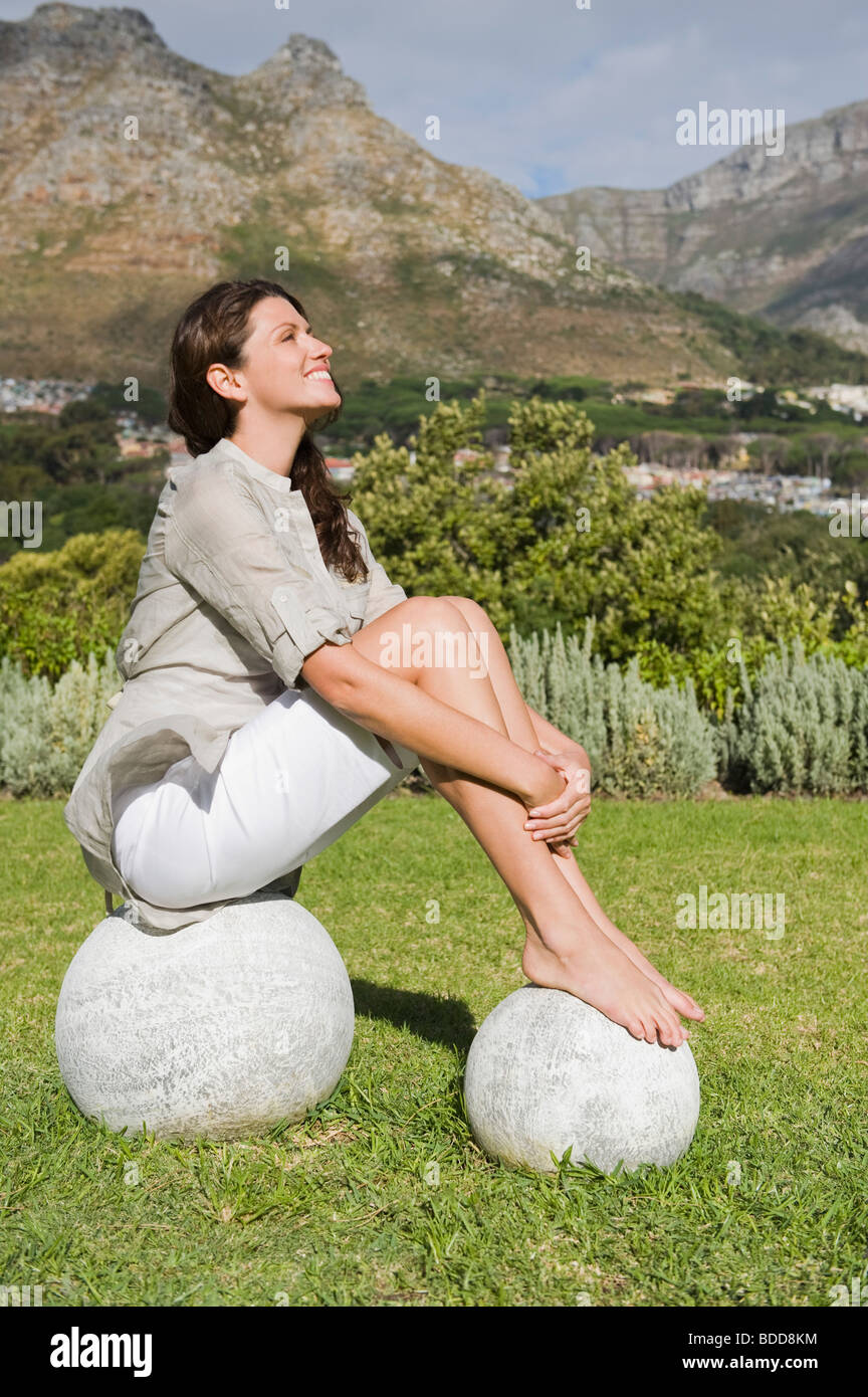 Mountain range sitting looking away smiling hi-res stock photography ...