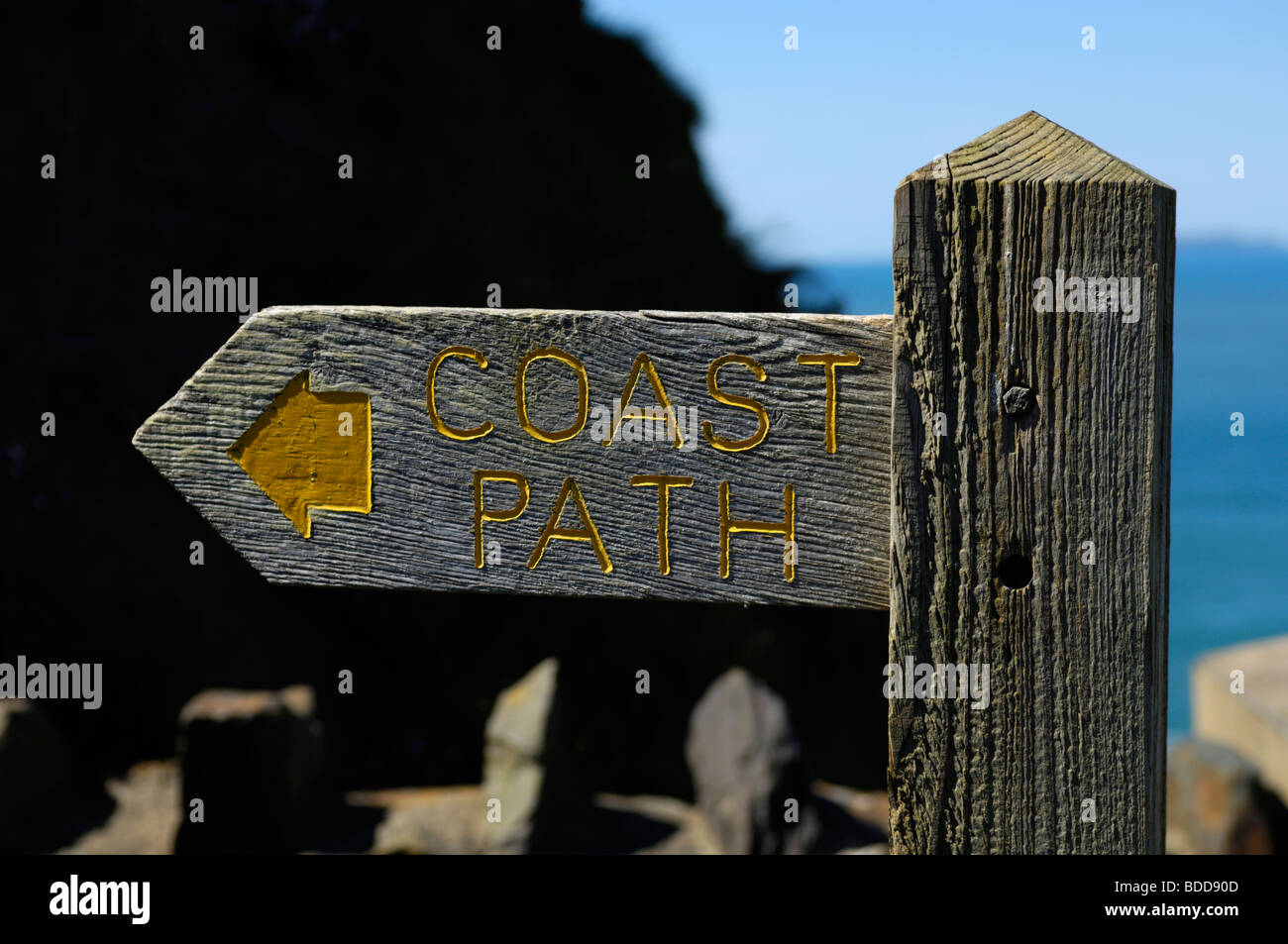 A coast path sign on the South West Coast Path near Hartland Point on ...