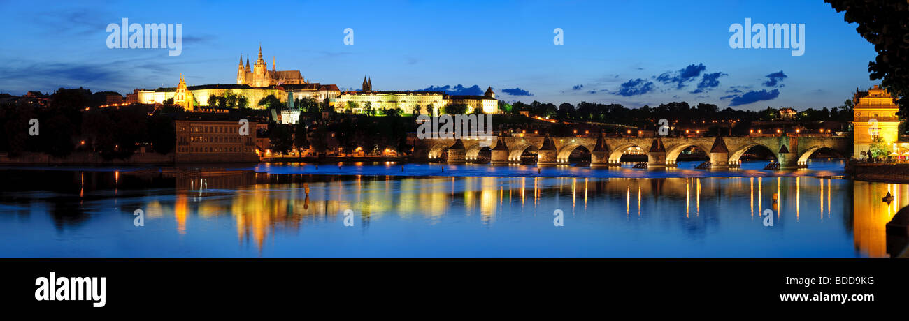 Skyline of Prague Praha at night overlooking the River Vltava toward ...