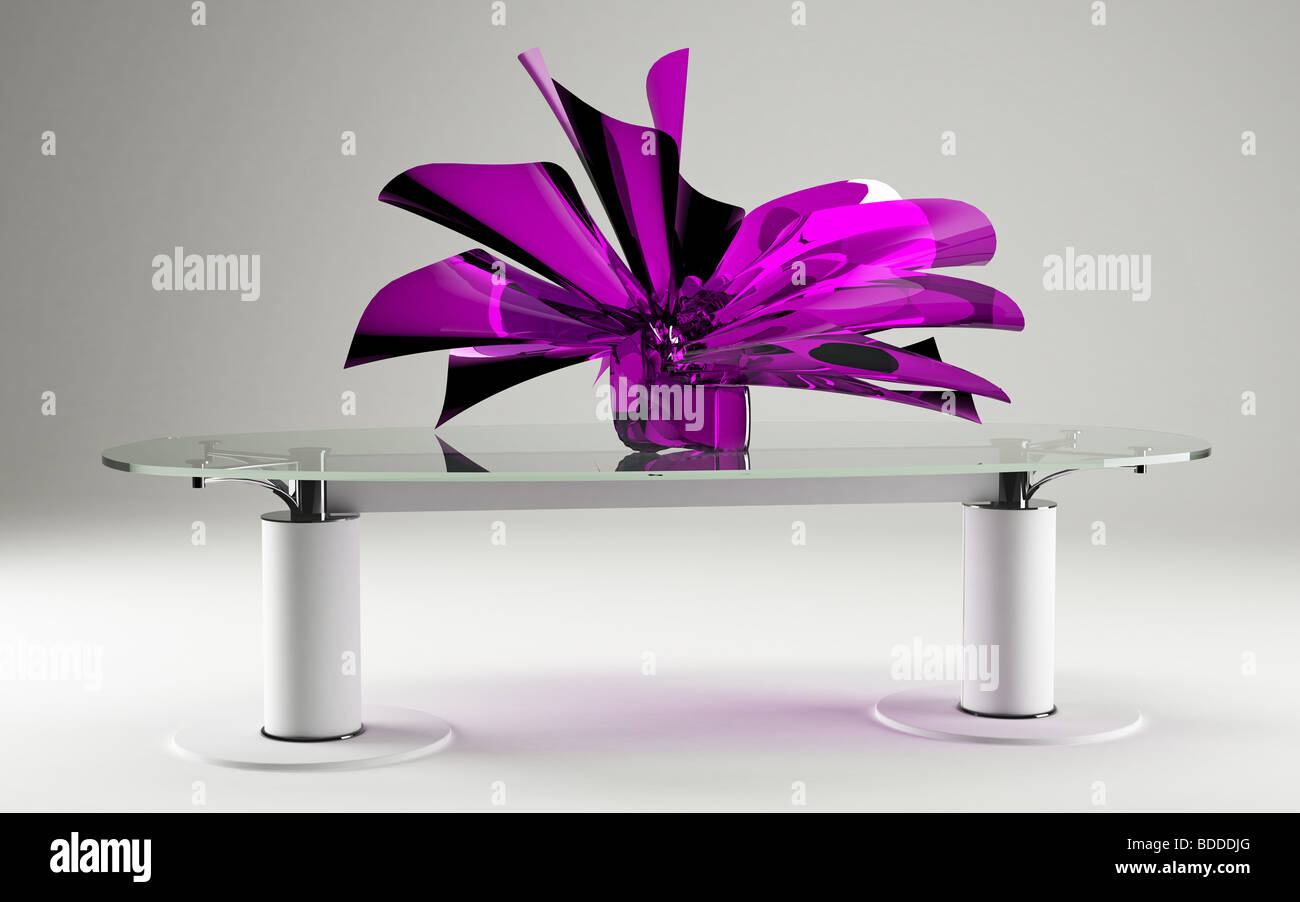 Glass topped table with purple translucent acrylic centerpiece Stock ...