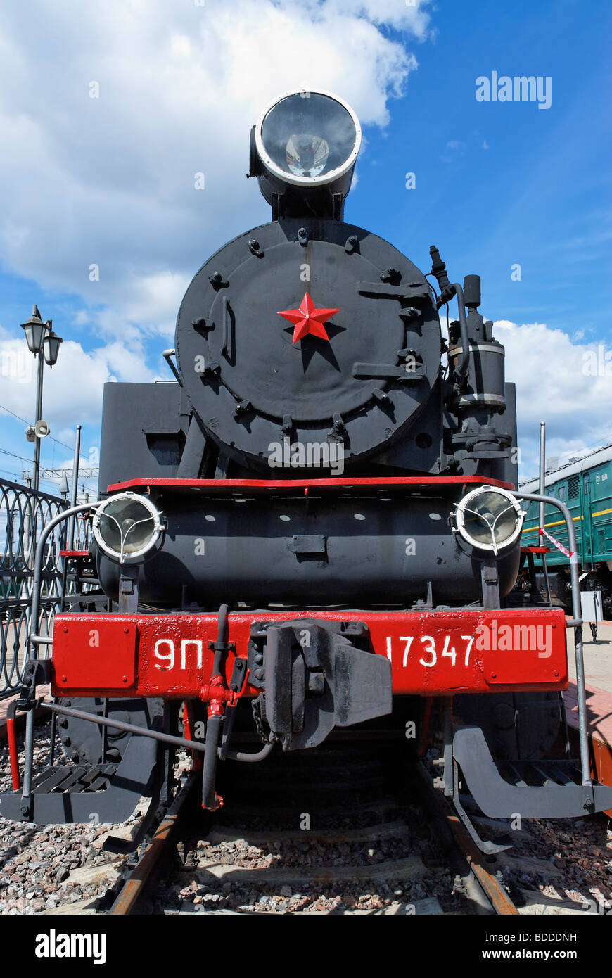 Front view of Soviet steam tenderless or tank locomotive 9P. Built in ...