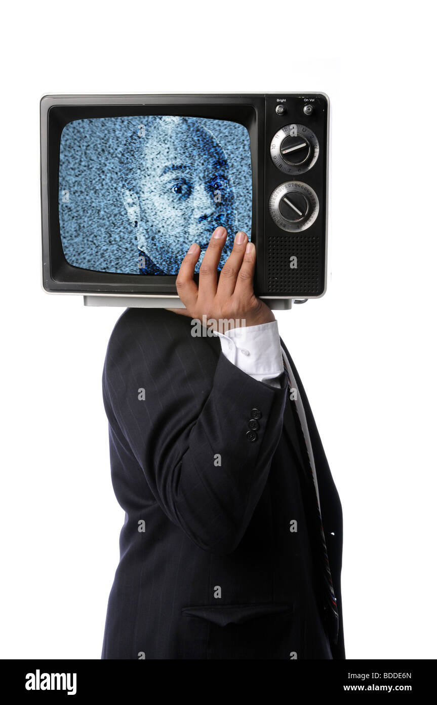 Businessman holding television with image with static on screen Stock ...