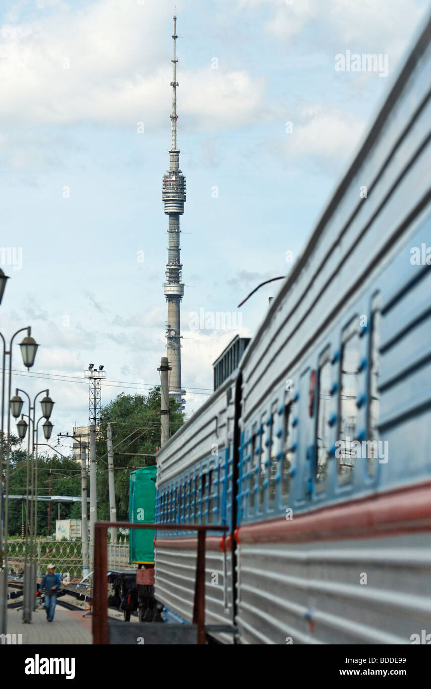 Platform of Moscow train station with TV tower on back side Stock Photo ...