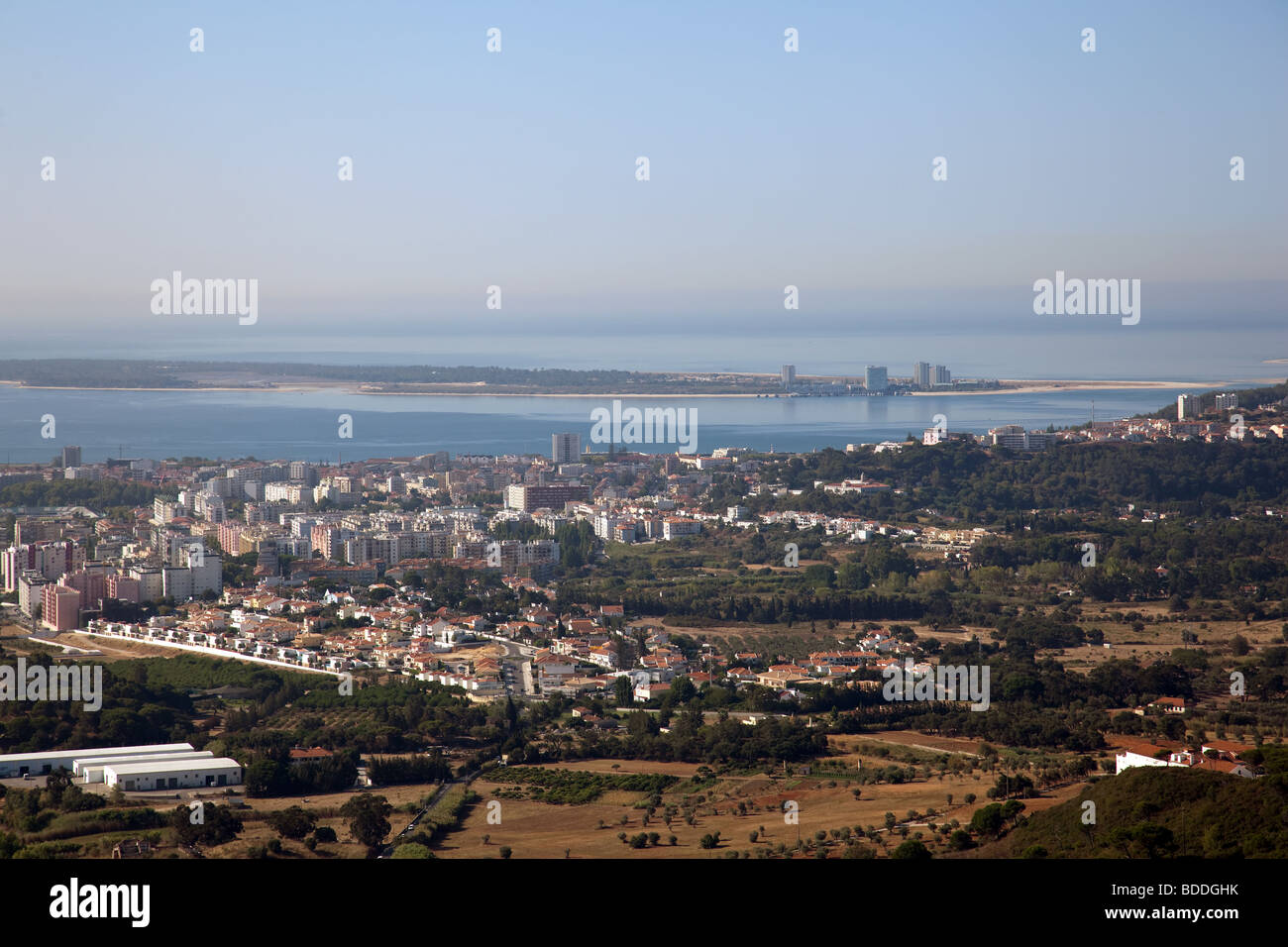 Aerial view of the city of Setubal, with the Sado River estuary, the ...