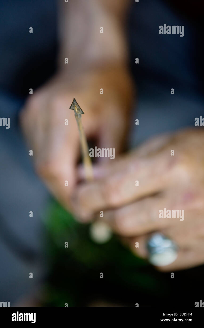A Penan man (former hunter-gatherer) showing poison dart for his ...