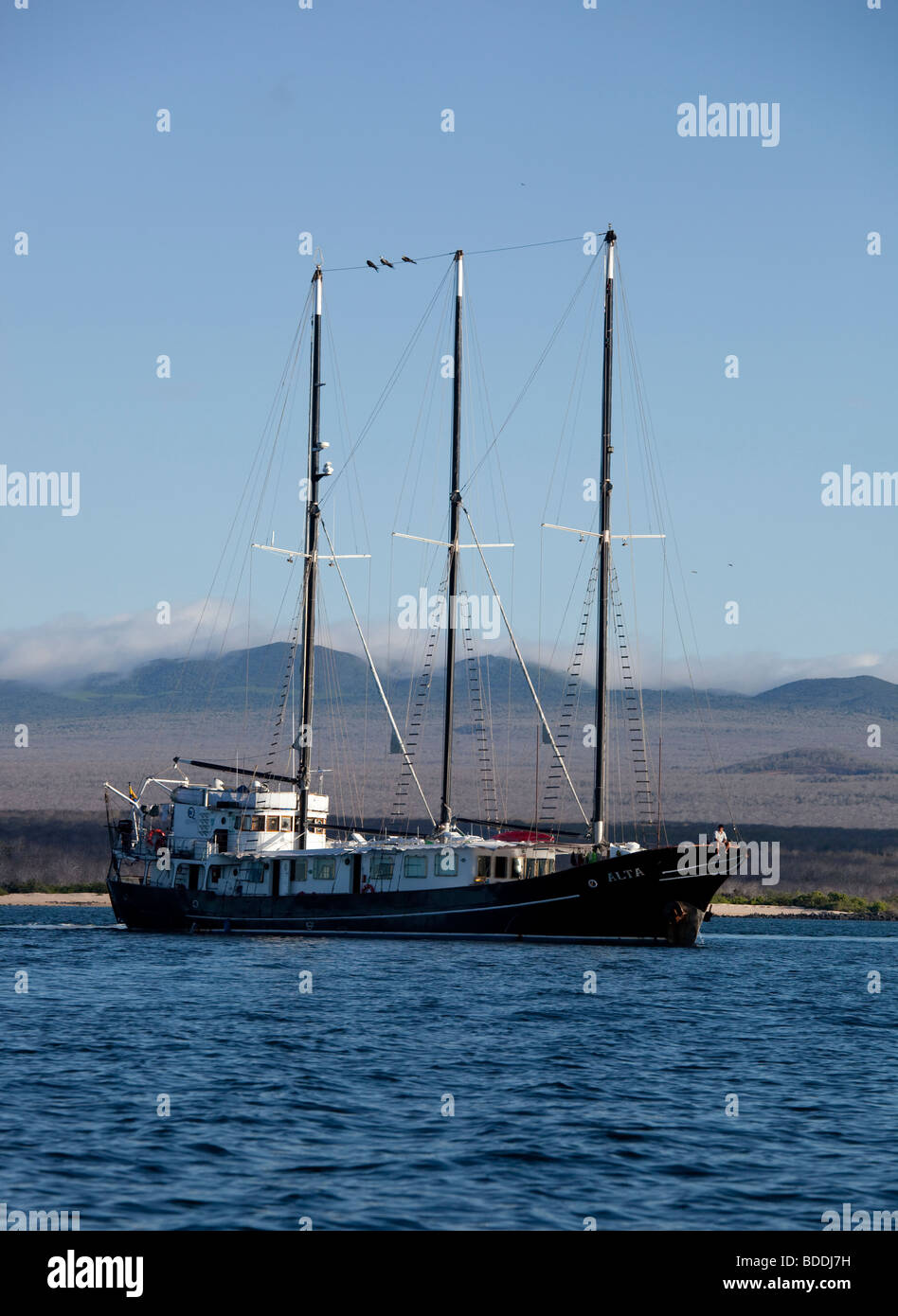 The Alta, a charter for touring the Galapagos Islands, sits anchored in ...