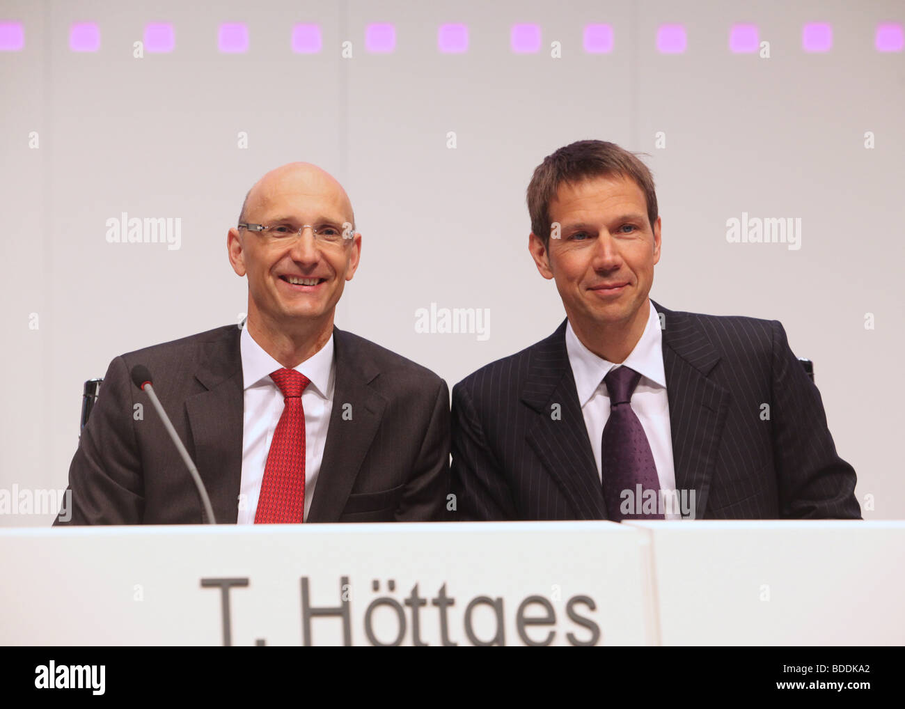 Deutsche Telekom CEO Rene Obermann (R) and CFO Timotheus Hoettges, annual shareholders meeting ...