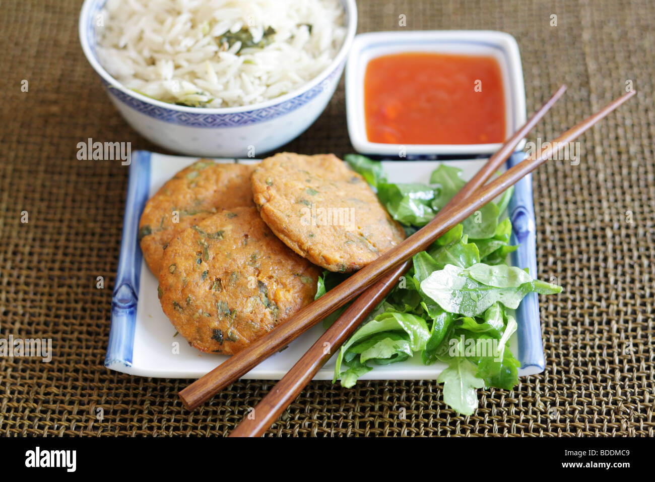 Thai Fish Cakes with Rice Stock Photo - Alamy