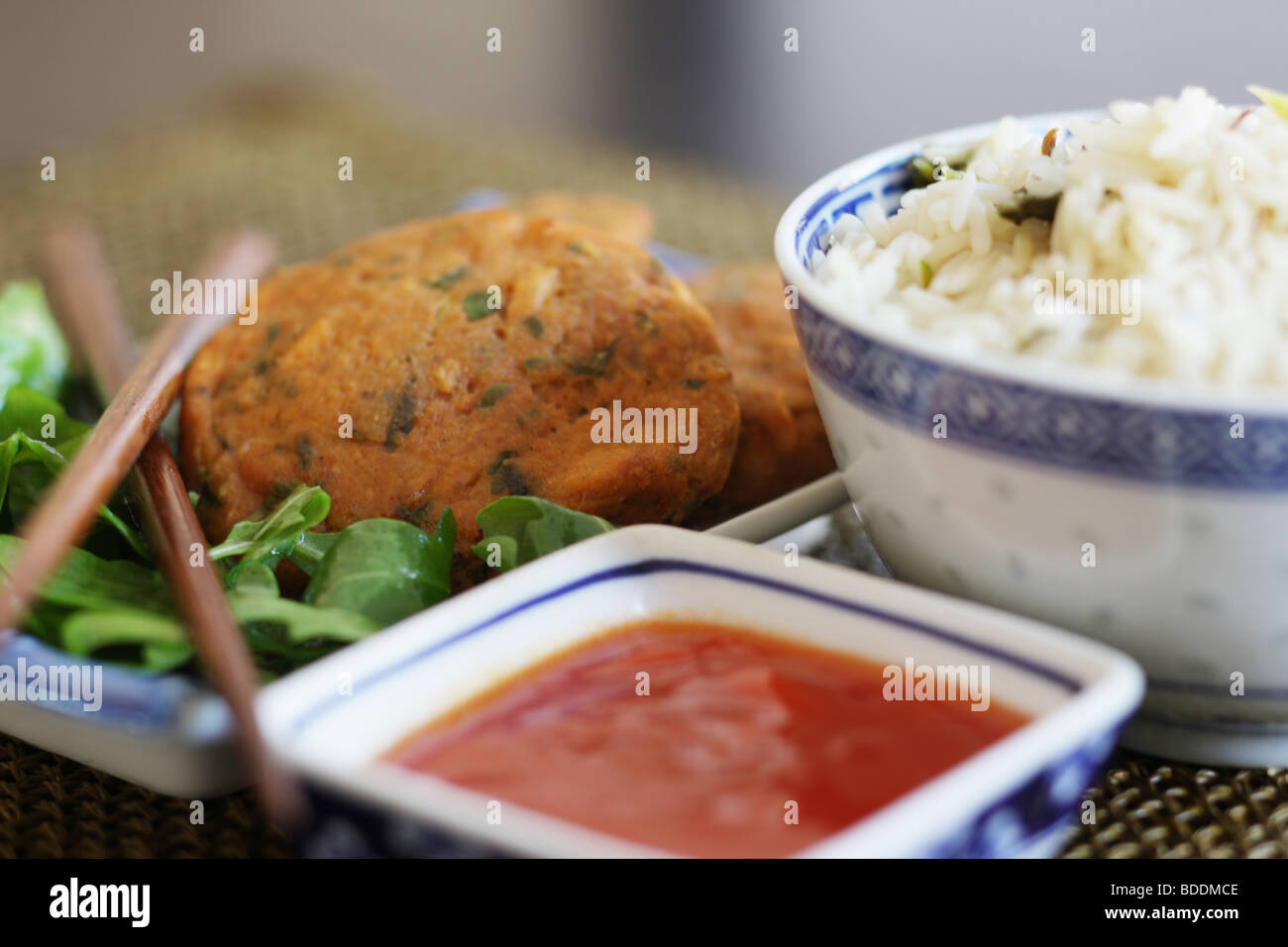 Thai Fish Cakes with Rice Stock Photo - Alamy