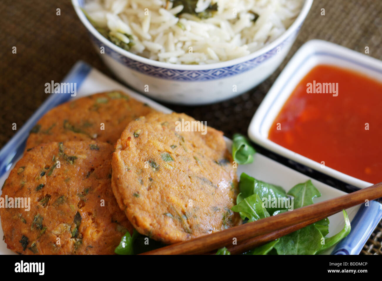 Thai Fish Cakes with Rice Stock Photo - Alamy
