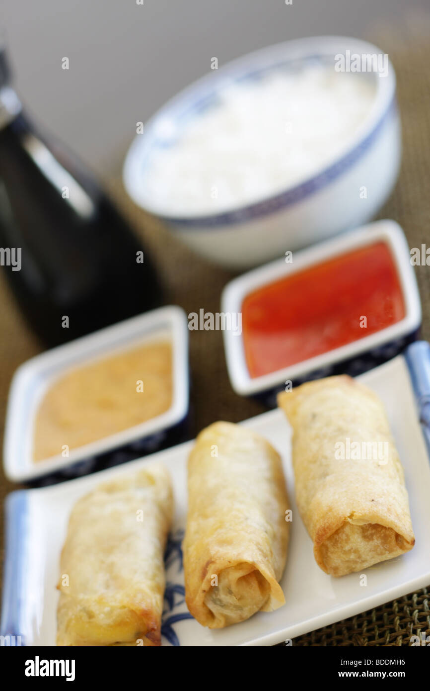 Vegetable Spring Rolls with Dip and Rice Stock Photo - Alamy