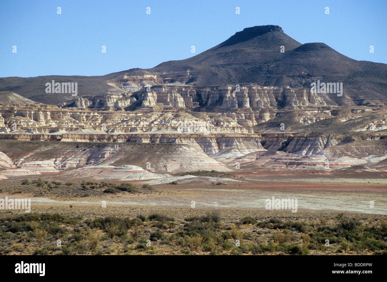A brittle, layered clay escarpment in the desert of Santa Cruz province ...