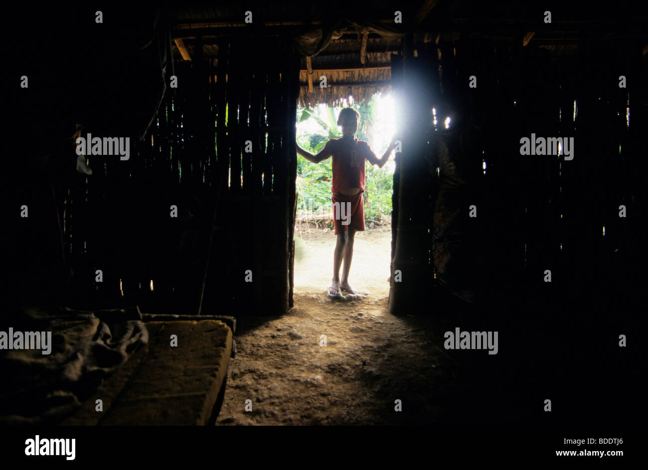 Young Pygmy girl in doorway to a hut in her village. Deep in the ...
