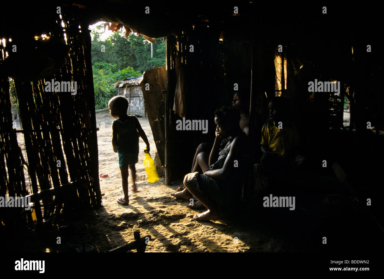 The evening sun streaming into a Baka Pygmy hut in a remote village in ...