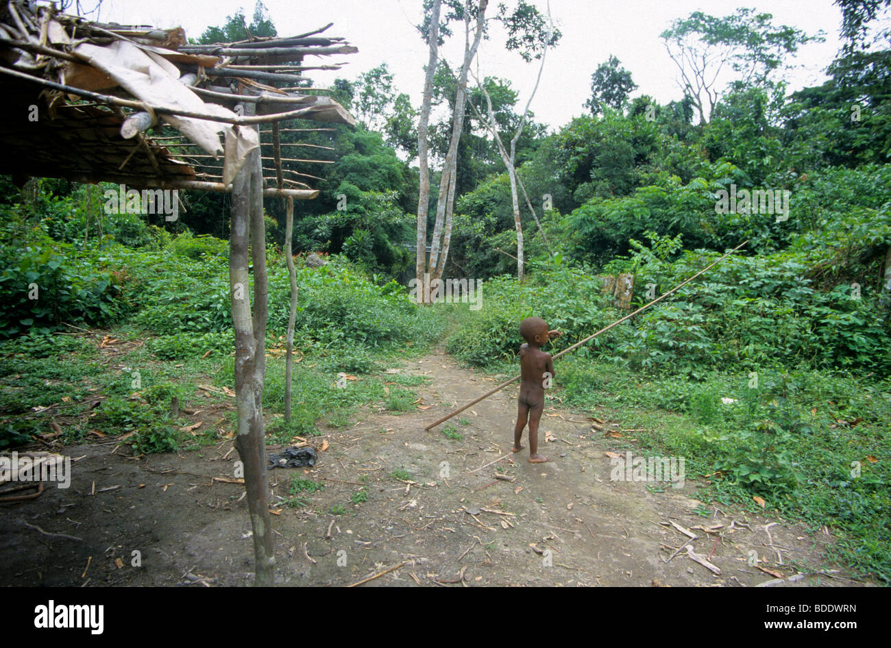 A young Baka pygmy child in a remote village in the rainforest ...