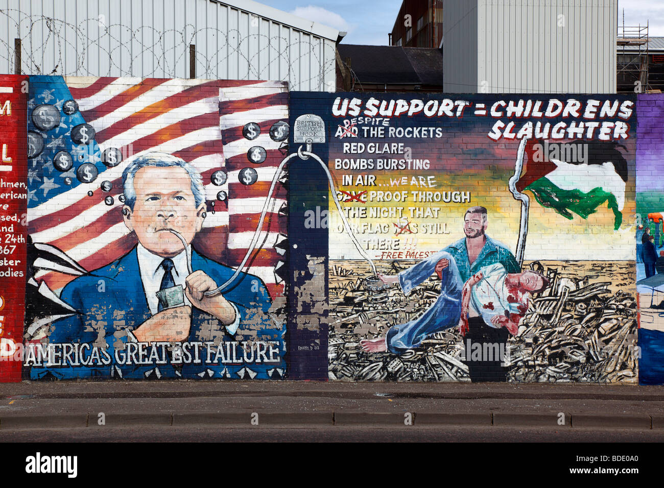IRELAND, North, Belfast, West, Falls Road, Political murals painted on ...