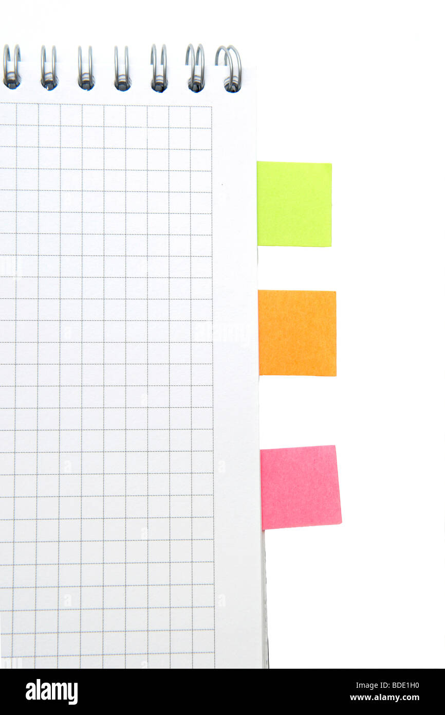 Notebook with sticky bookmarks, on white background Stock Photo - Alamy