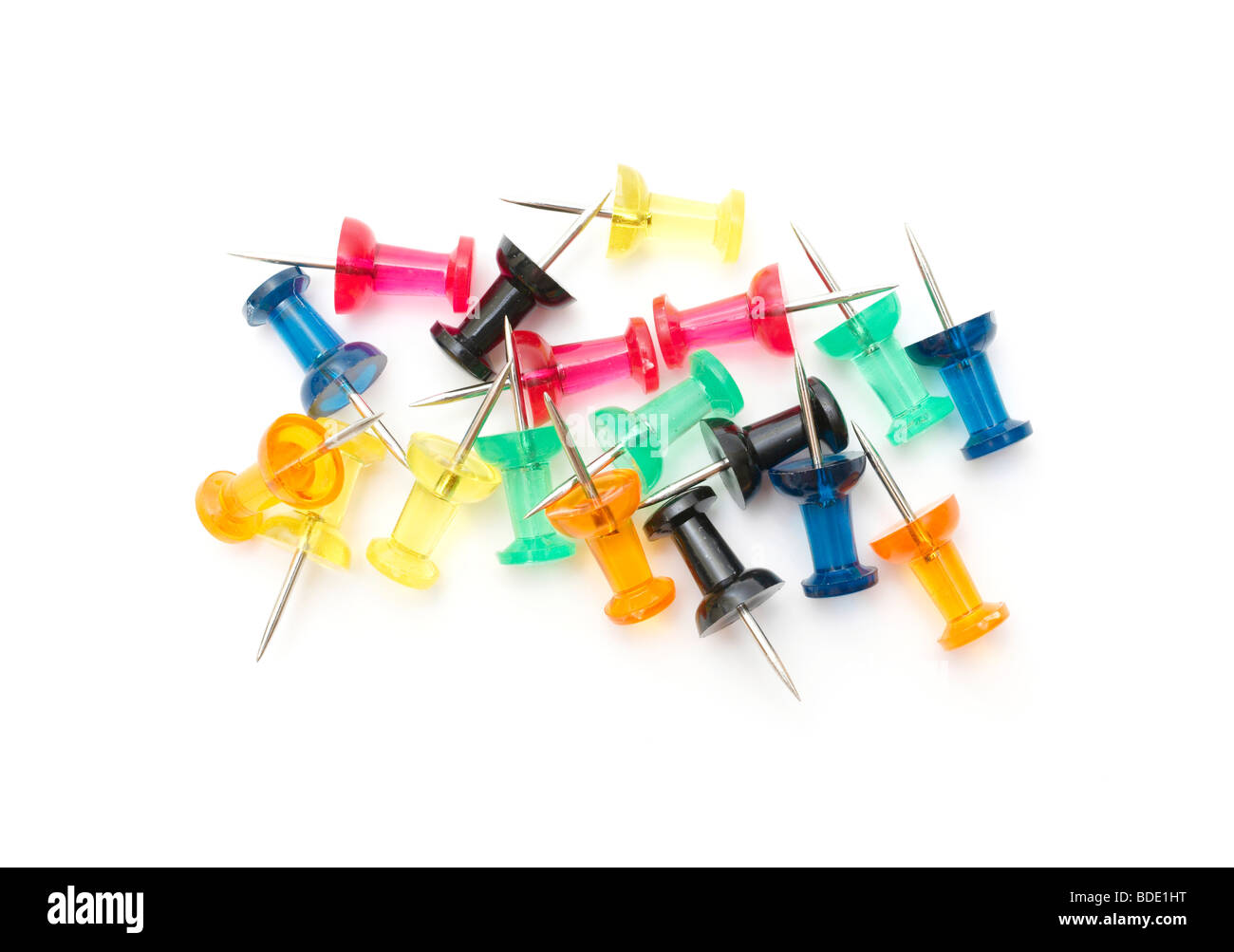 Different color drawing-pins on white background Stock Photo - Alamy