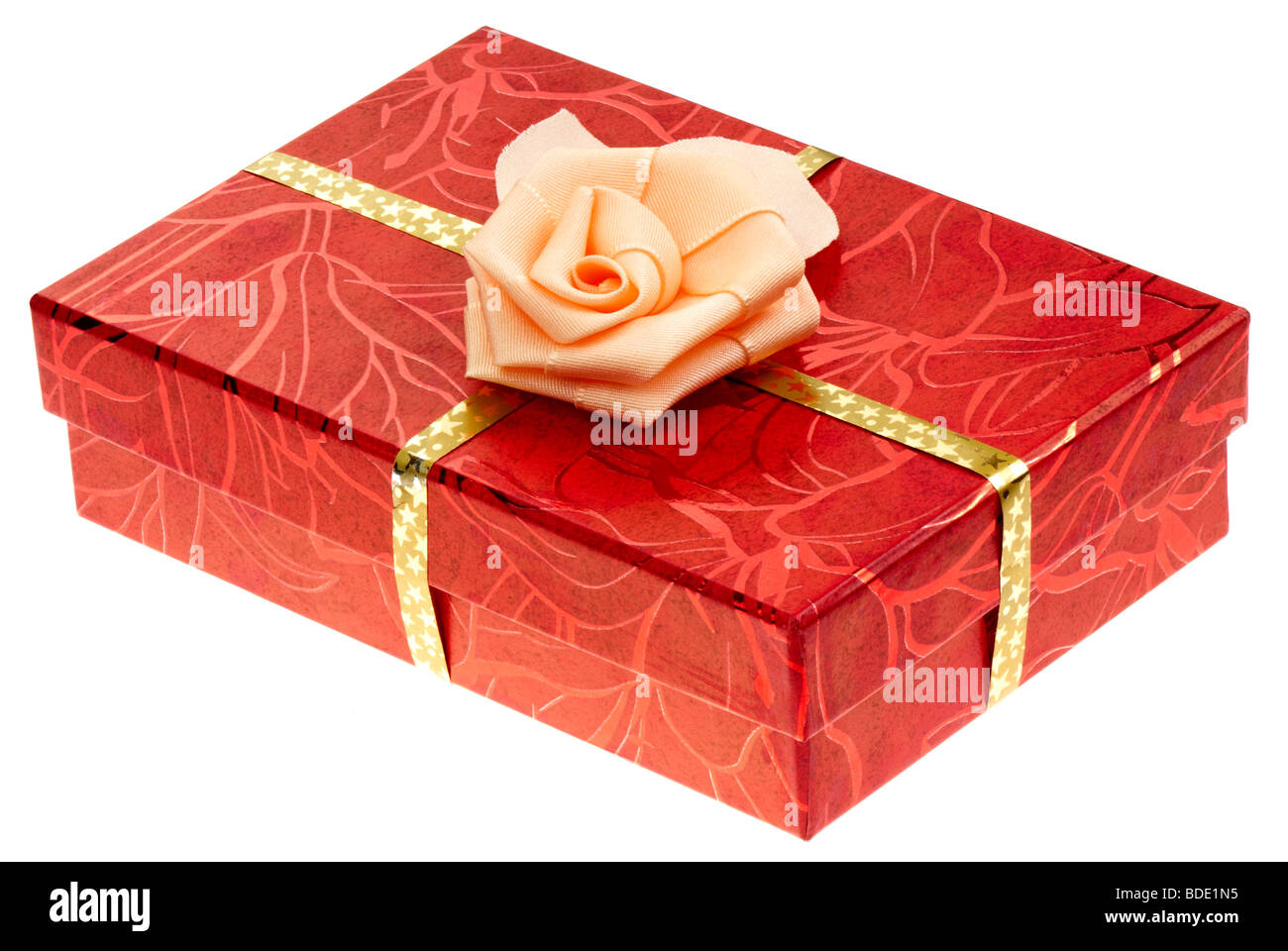 A red boxed gift with rose ribbon Stock Photo - Alamy