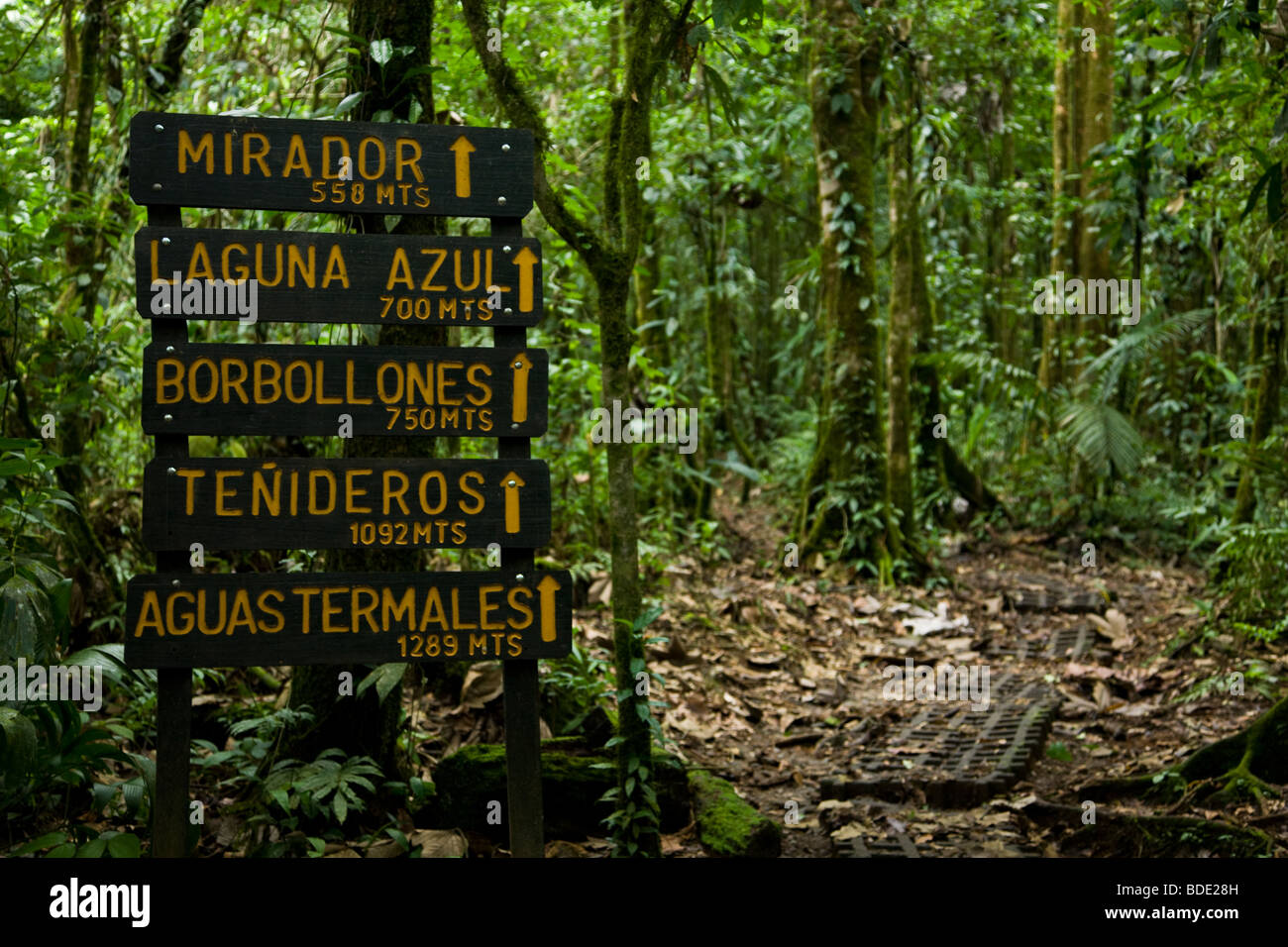 Signpost along the rain forest trail to the Rio Celeste river in ...