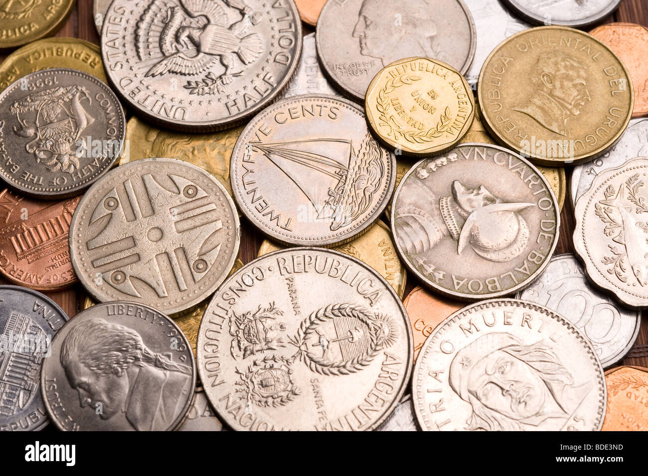 Background of assorted coins from different countries, close up Stock ...