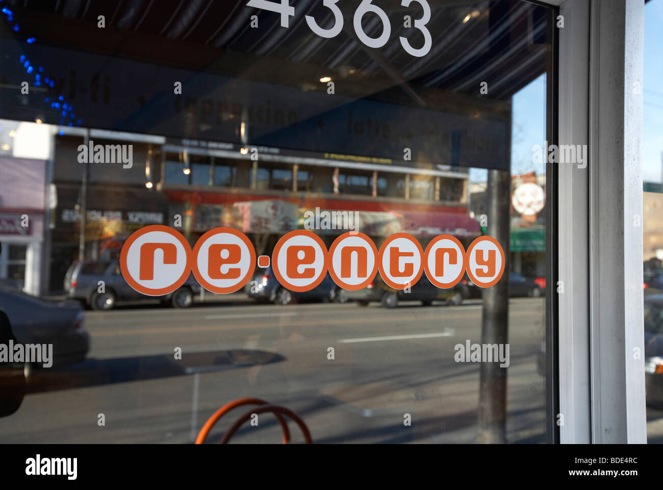 Door sign of Re-entry coffee shop diner, Vancouver, BC, British ...