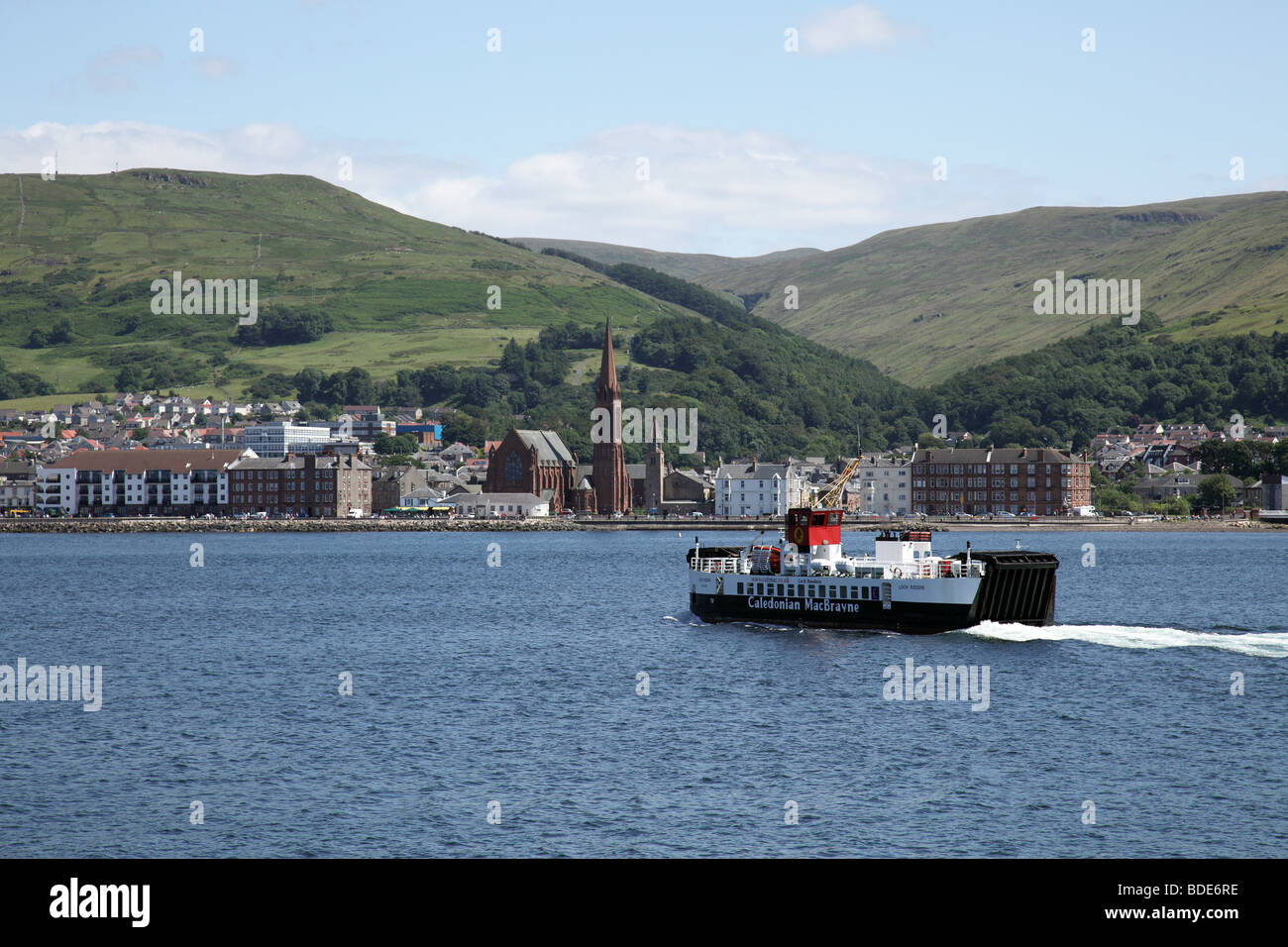 Calmac Ferry MV Loch Riddon approaching the seaside town of Largs from ...