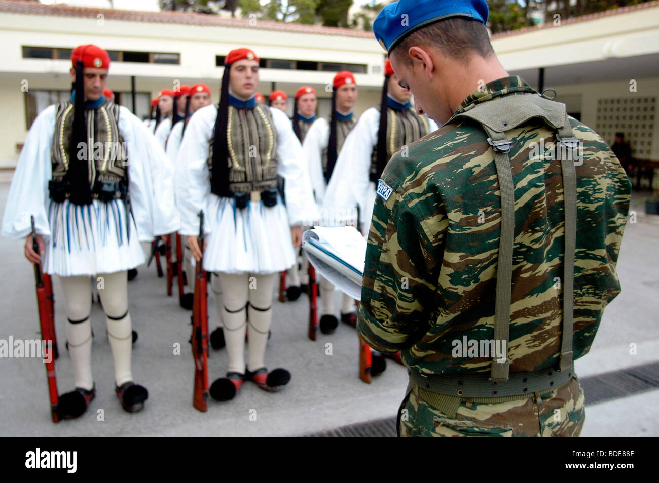 Evzonoi, the Greek presidential guard in their evening report Stock ...