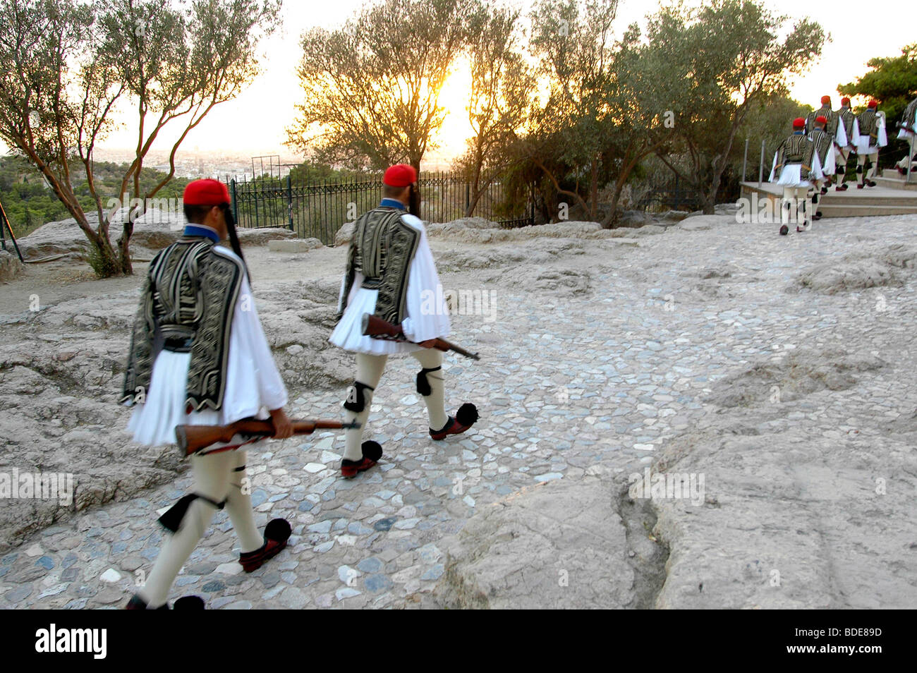 Evzonoi, Greek presidential guards, walking to the top of Acropolis ...