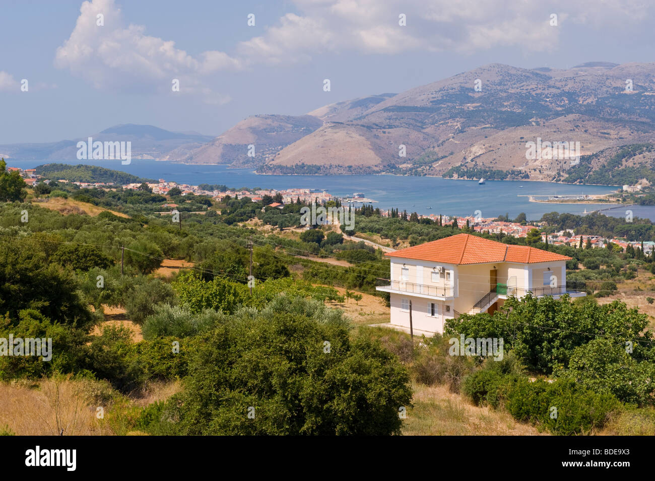 View over housing, mountains and Argostoli Bay on the Greek ...
