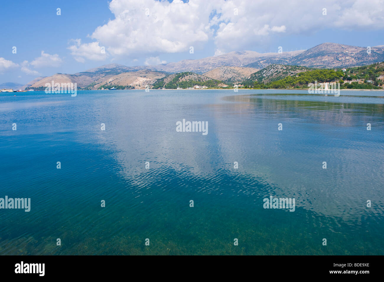 Turquoise water of Argostoli Bay on the Greek Mediterranean island of ...